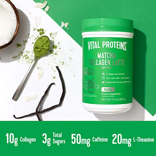 Vital Proteins Matcha Lattes, Matcha Green Tea Collagen Latte Powder, L-Theanine & Caffeine & MCTs - Supporting Healthy Hair, Skin, Nails - Vanilla