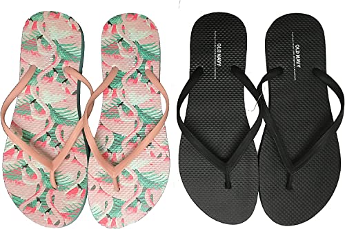 Old Navy Women Beach Summer Casual Flip Flop Sandals (7 Flamingo & Black Flip Flops) with Dust Cover