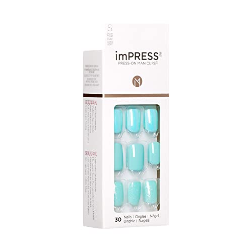 KISS imPRESS Press-On Manicure, Nail Kit, PureFit Technology, Short Press-On Nails, Rain Check', Includes Prep Pad, Mini Nail File, Cuticle Stick, and 30 Fake Nails