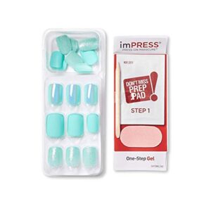 KISS imPRESS Press-On Manicure, Nail Kit, PureFit Technology, Short Press-On Nails, Rain Check', Includes Prep Pad, Mini Nail File, Cuticle Stick, and 30 Fake Nails