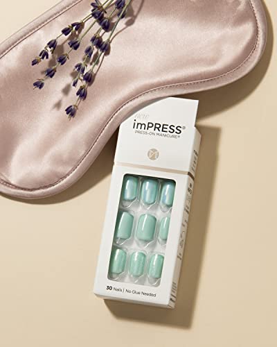 KISS imPRESS Press-On Manicure, Nail Kit, PureFit Technology, Short Press-On Nails, Rain Check', Includes Prep Pad, Mini Nail File, Cuticle Stick, and 30 Fake Nails