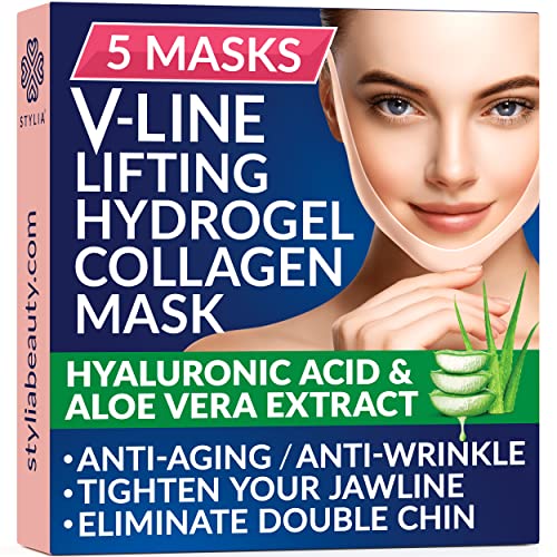 5 Piece Double Chin Reducer - V Line Shaping Face Masks - Lifting Hydrogel Collagen Mask with Aloe Vera - Anti-Aging and Anti-Wrinkle Band