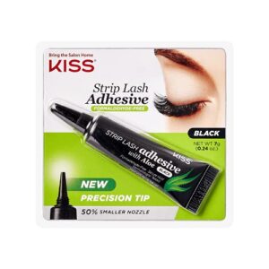 kiss black strip lash adhesive with aloe, dermatologist tested, formaldehyde free, non-irritant, contact lens friendly, secure hold, contains latex, with control nozzle tip, 0.24 ounce