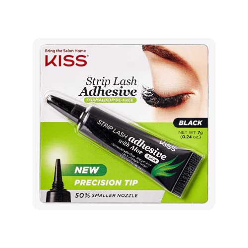 KISS Black Strip Lash Adhesive with Aloe, Dermatologist Tested, Formaldehyde Free, Non-Irritant, Contact Lens Friendly, Secure Hold, Contains Latex, with Control Nozzle Tip, 0.24 Ounce