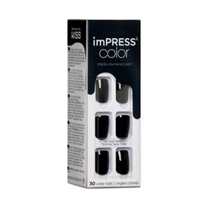 KISS imPRESS Color Press-On Nails, Gel Nail Kit, PureFit Technology, Short Length, “All Black”, Polish-Free Solid Color Manicure, Includes Prep Pad, Mini Nail File, Cuticle Stick, and 30 Fake Nails