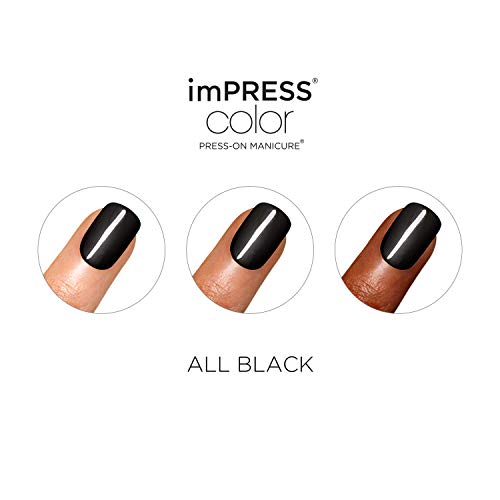 KISS imPRESS Color Press-On Nails, Gel Nail Kit, PureFit Technology, Short Length, “All Black”, Polish-Free Solid Color Manicure, Includes Prep Pad, Mini Nail File, Cuticle Stick, and 30 Fake Nails