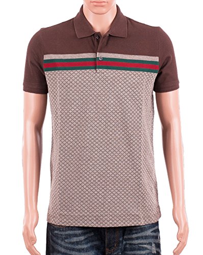 Gucci Mens Polo Shirt Brown with Diamante Print and Front Stripe Signature (XL)