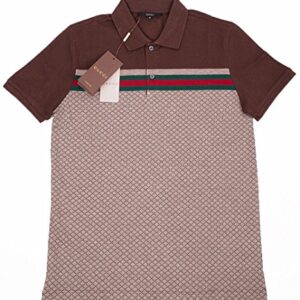 Gucci Mens Polo Shirt Brown with Diamante Print and Front Stripe Signature (XL)