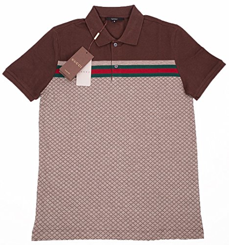 Gucci Mens Polo Shirt Brown with Diamante Print and Front Stripe Signature (XL)