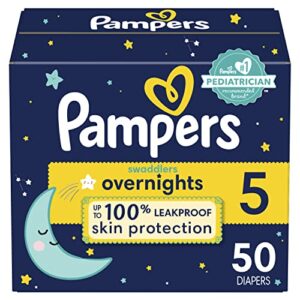 diapers size 5, 50 count – pampers swaddlers overnights disposable baby diapers, super pack (packaging & prints may vary)