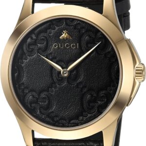 Gucci Gold-Tone and Leather Casual Black Watch(Model: YA1264034)