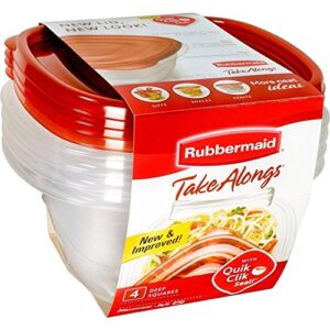 rubbermaid 071691423140 takealongs deep square food storage containers, 5.2 cups, 4 pack, tint chili red