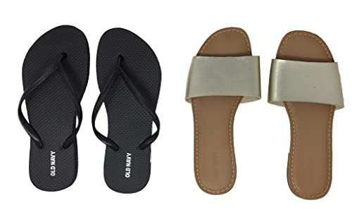 Old Navy ( 8 Faux-Leather Gold Wide-Strap Slide & Black Flip Flops