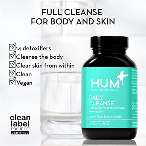 HUM Daily Cleanse Clear Skin Vitamins & Acne Reducing Chlorella + Spirulina - Natural Digestive Cleanse with Green Algae, Detoxing Herbs & Minerals - Daily Body Detox & Skin Supplement (60 Capsules)