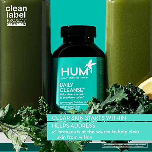 HUM Daily Cleanse Clear Skin Vitamins & Acne Reducing Chlorella + Spirulina - Natural Digestive Cleanse with Green Algae, Detoxing Herbs & Minerals - Daily Body Detox & Skin Supplement (60 Capsules)