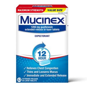 mucinex chest congestion maximum strength 12 hour extended release tablets relieves chest congestion caused by excess mucus(#1 doctor recommended otc expectorant), 1200mg, 42 count (pack of 1)