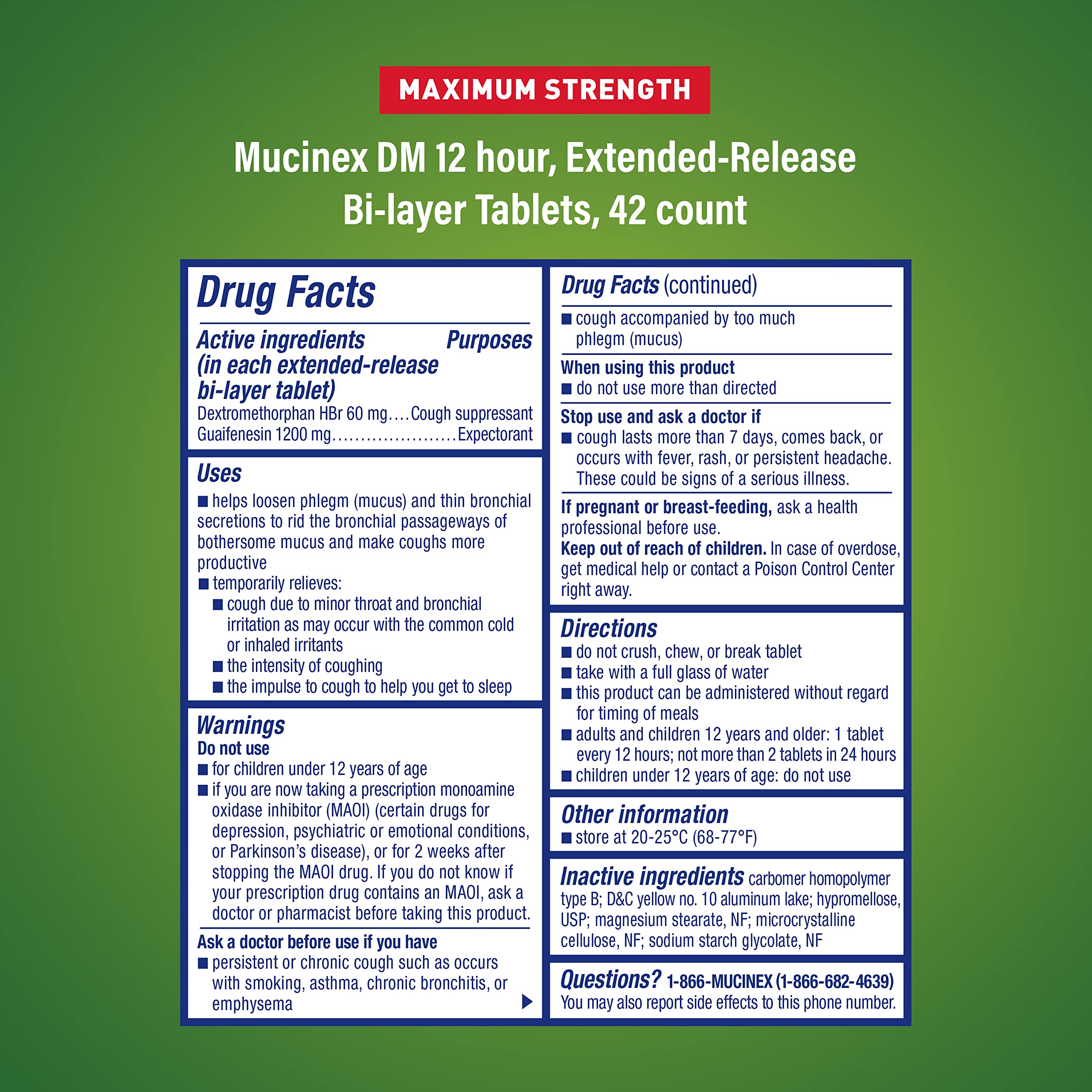 Cough Suppressant and Expectorant,Mucinex DM Maximum Strength 12 HourTablets 42ct, 1200 mg Guaifenesin,Relieves Chest Congestion,Quiets Wet and Dry Cough,#1Doctor Recommended OTC expectorant