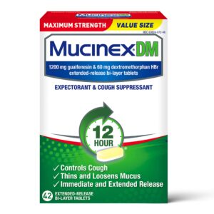 Cough Suppressant and Expectorant,Mucinex DM Maximum Strength 12 HourTablets 42ct, 1200 mg Guaifenesin,Relieves Chest Congestion,Quiets Wet and Dry Cough,#1Doctor Recommended OTC expectorant