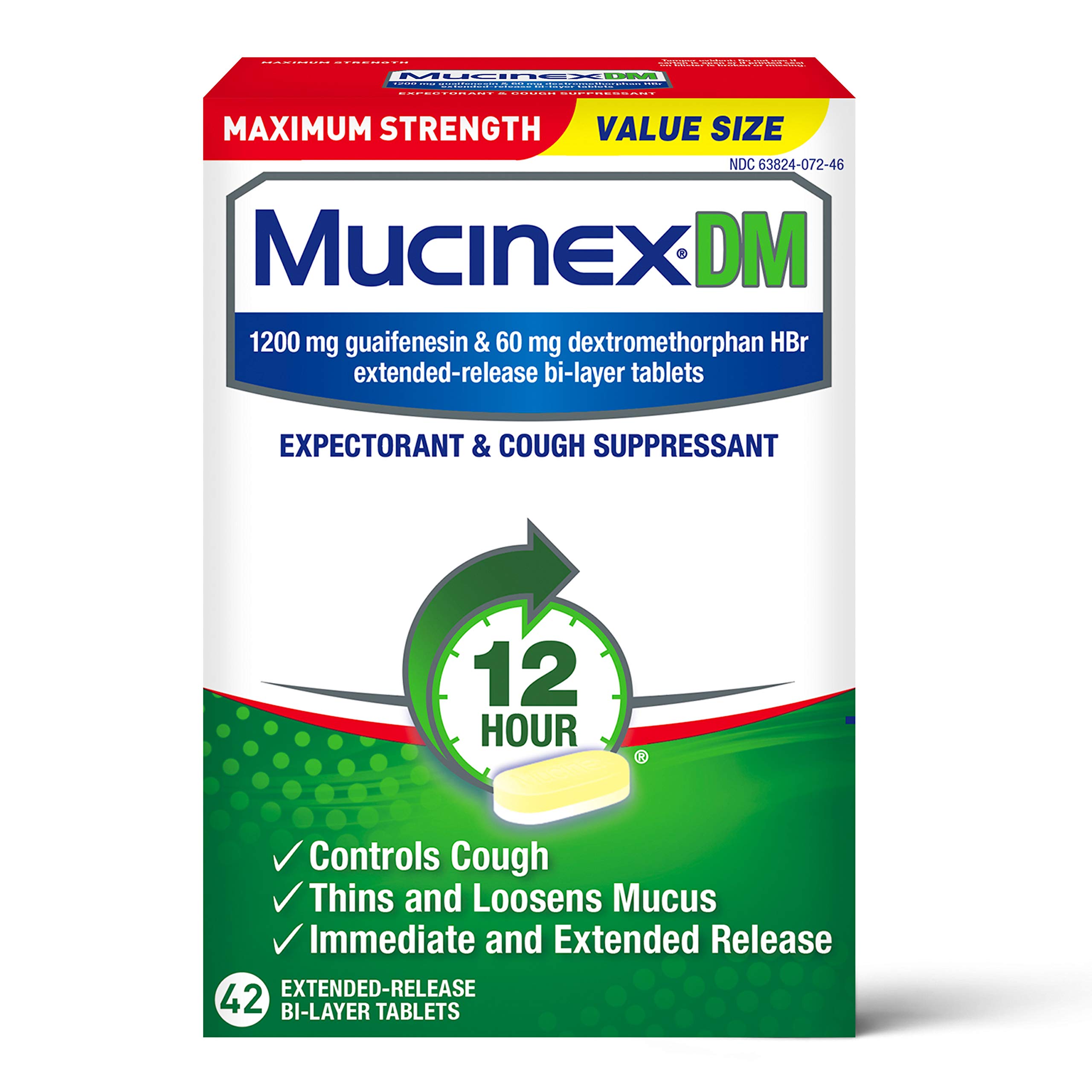 Cough Suppressant and Expectorant,Mucinex DM Maximum Strength 12 HourTablets 42ct, 1200 mg Guaifenesin,Relieves Chest Congestion,Quiets Wet and Dry Cough,#1Doctor Recommended OTC expectorant