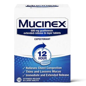 mucinex 12 hour extended release tablets -guaifenesin relieves chest congestion caused by excess mucus (#1 doctor recommended otc expectorant), 100 count (pack of 1)