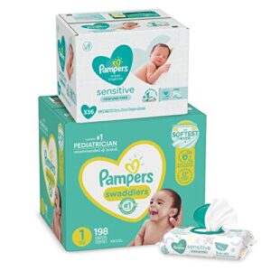 diapers size 1, 198 count and baby wipes – pampers swaddlers disposable baby diapers and water baby wipes sensitive pop-top packs, 336 count (packaging may vary)