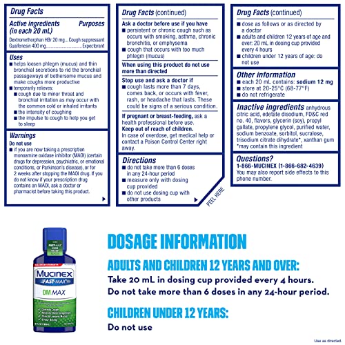 Maximum Strength Mucinex Fast-Max DM Max Liquid, 6 fl. oz. Controls Cough, Relieves Chest Congestion, Thins & Loosens Mucus(Packaging may vary)