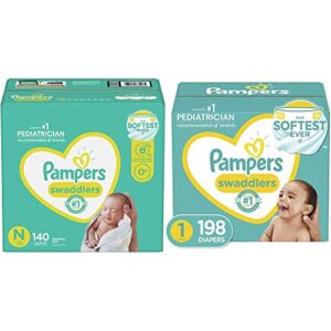 pampers swaddlers disposable baby diapers, newborn/size 0, 140 count and swaddlers disposable baby diapers, size 1 (8-14 lbs), 198 count