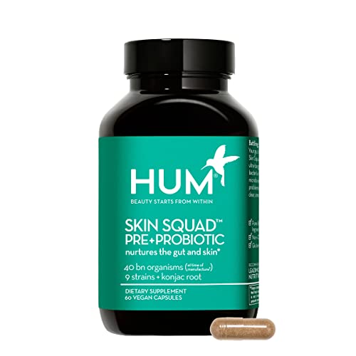 HUM Skin Squad - Vegan Clear Skin Gut Probiotic Supplement - Prebiotic Konjac Root & 9 Strain Probiotic Blend for a Healthy Gut Microbiome, Decreased Breakouts & Glowing Even Skin Tone (60 Capsules)