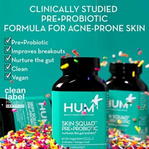 HUM Skin Squad - Vegan Clear Skin Gut Probiotic Supplement - Prebiotic Konjac Root & 9 Strain Probiotic Blend for a Healthy Gut Microbiome, Decreased Breakouts & Glowing Even Skin Tone (60 Capsules)