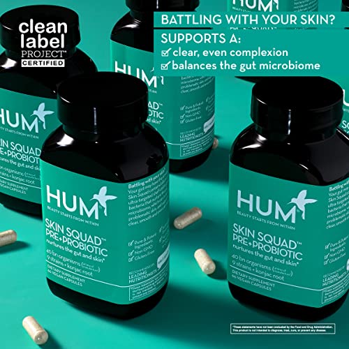 HUM Skin Squad - Vegan Clear Skin Gut Probiotic Supplement - Prebiotic Konjac Root & 9 Strain Probiotic Blend for a Healthy Gut Microbiome, Decreased Breakouts & Glowing Even Skin Tone (60 Capsules)