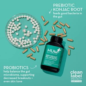 HUM Skin Squad - Vegan Clear Skin Gut Probiotic Supplement - Prebiotic Konjac Root & 9 Strain Probiotic Blend for a Healthy Gut Microbiome, Decreased Breakouts & Glowing Even Skin Tone (60 Capsules)