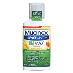 mucinex fast-max maximum strength dm max, symptom relief, cough suppressant and expectorant, honey & berry flavor, 6 fl oz