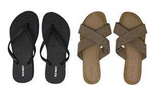 old navy (9 faux-suede tan cross-strap slide & black flip flops