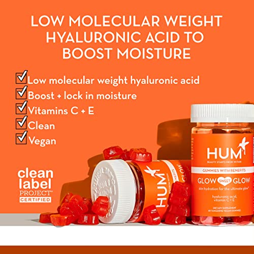 HUM Glow Sweet Glow Skin Supplement & Beauty Gummies - Hyaluronic Acid, Vitamin C + Vitamin E Gummies for Hydrated Skin - Collagen Gummies for Smooth Lasting Plump & Glowing Skin (60 Vegan Gummies)