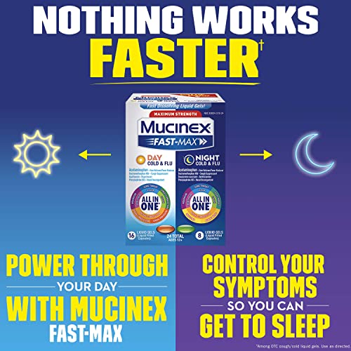 Mucinex Fast-Max Maximum Strength Cold & Flu Day and Night Medicine, All-in-One Multi-Symptom Relief Liquid Gels – 24 count (16 Day time + 8 Night time) (Packaging May Vary)