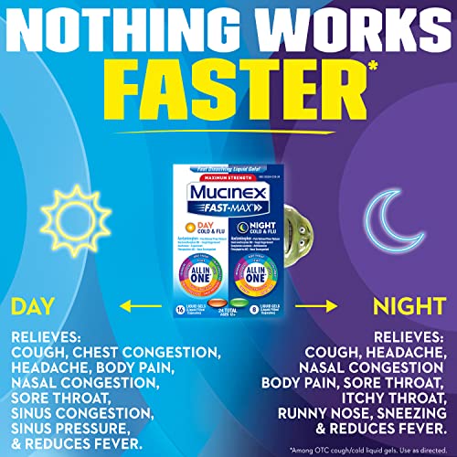 Mucinex Fast-Max Maximum Strength Cold & Flu Day and Night Medicine, All-in-One Multi-Symptom Relief Liquid Gels – 24 count (16 Day time + 8 Night time) (Packaging May Vary)