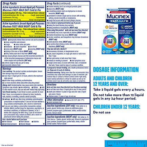 Mucinex Fast-Max Maximum Strength Cold & Flu Day and Night Medicine, All-in-One Multi-Symptom Relief Liquid Gels – 24 count (16 Day time + 8 Night time) (Packaging May Vary)