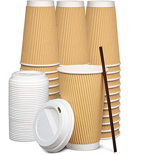 Comfy Package [50 Sets - 16 oz.] Insulated Ripple Paper Hot Coffee Cups With Lids