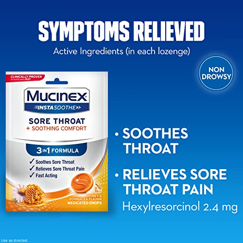 Mucinex InstaSoothe Sore Throat + Soothing Comfort Honey & Echinacea Flavor, Fast Acting, Powerful Sore Throat Oral Pain Reliever, 40 Medicated Drops (Pack of 2)