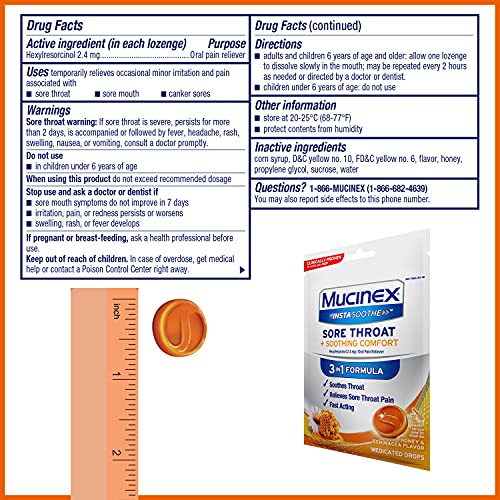 Mucinex InstaSoothe Sore Throat + Soothing Comfort Honey & Echinacea Flavor, Fast Acting, Powerful Sore Throat Oral Pain Reliever, 40 Medicated Drops (Pack of 2)