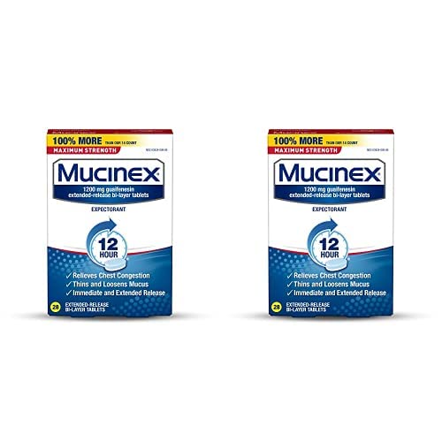 Mucinex Maximum Strength 12 Hour Chest Congestion Expectorant Relief Tablets, 1200 mg, 28 Count (Pack of 2)