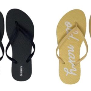 Old Navy Women Beach Summer Casual Flip Flop Sandals (10 Yellow Script Logo & Black Flip Flops) with Dust Cover