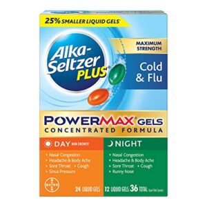 alka-seltzer plus cold & flu, power max cold and flu medicine, night, for adults with pain reliever, fever reducer, cough suppressant, nasal decongestant, antihistamine, 36 count