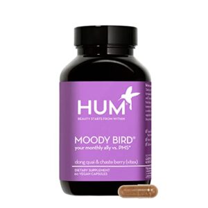 hum moody bird – pms, pmdd & mood supplement for women – chasteberry + dong quai root support for cramps, cravings, irritability & hormone balance – daily period relief (60 vegan capsules)