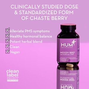 HUM Moody Bird - PMS, PMDD & Mood Supplement for Women - Chasteberry + Dong Quai Root Support for Cramps, Cravings, Irritability & Hormone Balance - Daily Period Relief (60 Vegan Capsules)