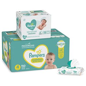 diapers size 4, 150 count and baby wipes – pampers swaddlers disposable baby diapers and water baby wipes sensitive pop-top packs, 336 count (packaging may vary)