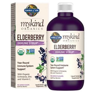 garden of life mykind organics plant based elderberry immune syrup 6.59 fl oz (195 ml) for kids & adults: sambucus, echinacea, zinc & vitamin c, 0g sugar, organic vegan gluten free herbal supplement