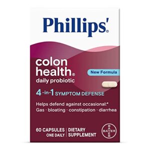 phillips’ colon health daily probiotic capsules, 4-in-1 symptom defense to help defend against occasional gas, bloating, constipation, and diarrhea, daily supplement, 60 count