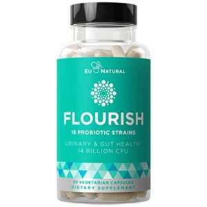 flourish probiotics + prebiotics for women – gut & digestion, urinary tract, reduce bloating, vaginal health – 18 clinically proven strains, 14 billion cfu – 30 shelf-stable mini vegetarian capsules