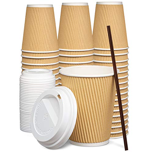 Comfy Package [100 Sets - 12 oz.] Insulated Ripple Paper Hot Coffee Cups With Lids